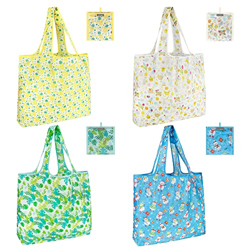 Feveqher 4 pack Reusable Grocery Bags, Large Capacity with 50LB, Lightweight Foldable Bags with Stylish and Cute Pattern in Ripstop Fabric