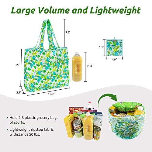 Feveqher 4 pack Reusable Grocery Bags, Large Capacity with 50LB, Lightweight Foldable Bags with Stylish and Cute Pattern in Ripstop Fabric