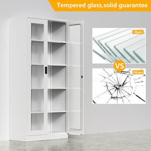 LISSIMO Tall Bookcase Storage Cabinet with Tempered Glass Door,Metal Glass Display Cabinet with 4 Adjustable Shelves,5-Tier Curio Cabinet for Home, Study, Living Room and Office (White)