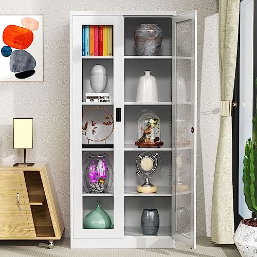 LISSIMO Tall Bookcase Storage Cabinet with Tempered Glass Door,Metal Glass Display Cabinet with 4 Adjustable Shelves,5-Tier Curio Cabinet for Home, Study, Living Room and Office (White)