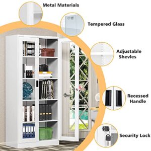 LISSIMO Tall Bookcase Storage Cabinet with Tempered Glass Door,Metal Glass Display Cabinet with 4 Adjustable Shelves,5-Tier Curio Cabinet for Home, Study, Living Room and Office (White)