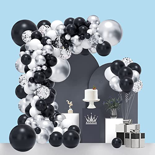 Black and Silver Balloons Garland Kit,119pcs Black White Metallic Silver and Silver Confetti Latex Balloons for Graduation Birthday Engagement Party Decorations