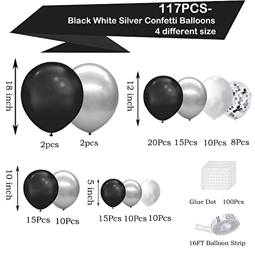 Black and Silver Balloons Garland Kit,119pcs Black White Metallic Silver and Silver Confetti Latex Balloons for Graduation Birthday Engagement Party Decorations