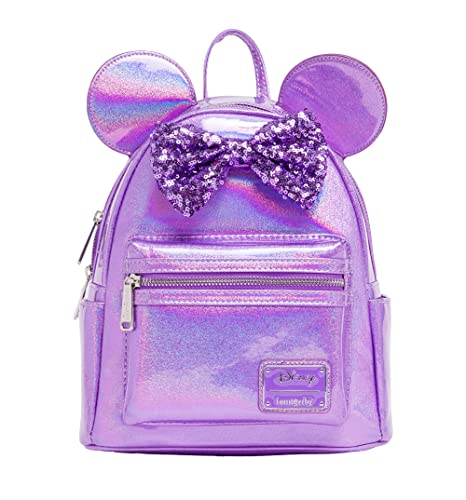 Loungefly Disney Minnie Mouse Glitter Sparkle Womens Double Strap Shoulder Bag Purse (Purple)