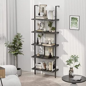 bevfint 5-tier industrial ladder shelf rustic wall mounted metal frame bookcases, multi-use open shelf for storage organizer plants rack for office and home, living room, bedroom - black marble board