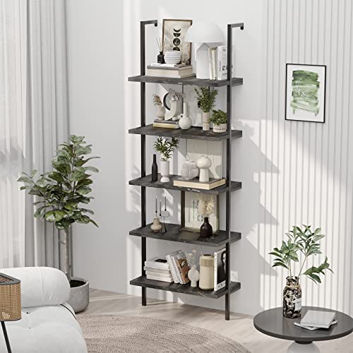 Bevfint 5-Tier Industrial Ladder Shelf Rustic Wall Mounted Metal Frame Bookcases, Multi-Use Open Shelf for Storage Organizer Plants Rack for Office and Home, Living Room, Bedroom - Black Marble Board