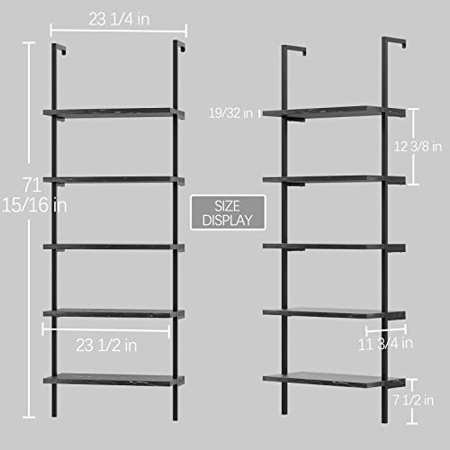 Bevfint 5-Tier Industrial Ladder Shelf Rustic Wall Mounted Metal Frame Bookcases, Multi-Use Open Shelf for Storage Organizer Plants Rack for Office and Home, Living Room, Bedroom - Black Marble Board