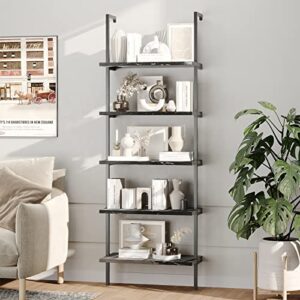 Bevfint 5-Tier Industrial Ladder Shelf Rustic Wall Mounted Metal Frame Bookcases, Multi-Use Open Shelf for Storage Organizer Plants Rack for Office and Home, Living Room, Bedroom - Black Marble Board