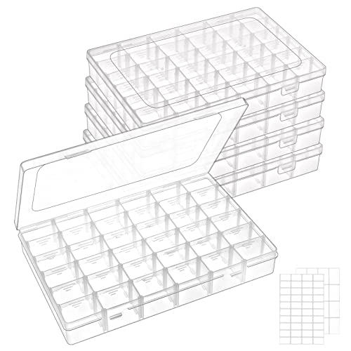 QUEFE 5 Pack 36 Grids Clear Plastic Organizer Storage Box Container, Craft Storage with Adjustable Dividers for Beads, Art DIY, Crafts, Jewelry, Fishing Tackle with Label Stickers