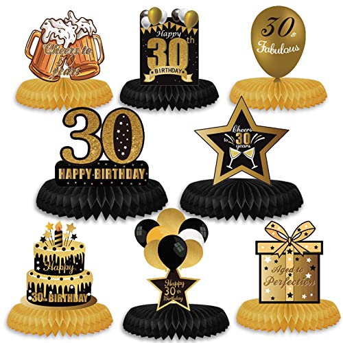 HTDZZI Cheers to 30 Years Birthday Decorations, 30th Birthday Decorations for Him Her, 8Pcs Black Gold Happy 30th Birthday Table Honeycomb Centerpieces, Thirty Birthday Party Decorations Supplies