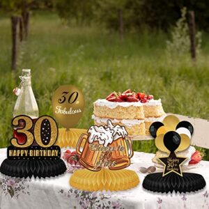 HTDZZI Cheers to 30 Years Birthday Decorations, 30th Birthday Decorations for Him Her, 8Pcs Black Gold Happy 30th Birthday Table Honeycomb Centerpieces, Thirty Birthday Party Decorations Supplies