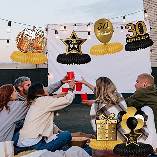 HTDZZI Cheers to 30 Years Birthday Decorations, 30th Birthday Decorations for Him Her, 8Pcs Black Gold Happy 30th Birthday Table Honeycomb Centerpieces, Thirty Birthday Party Decorations Supplies