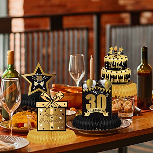 HTDZZI Cheers to 30 Years Birthday Decorations, 30th Birthday Decorations for Him Her, 8Pcs Black Gold Happy 30th Birthday Table Honeycomb Centerpieces, Thirty Birthday Party Decorations Supplies