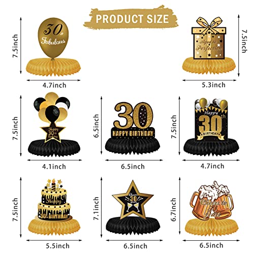 HTDZZI Cheers to 30 Years Birthday Decorations, 30th Birthday Decorations for Him Her, 8Pcs Black Gold Happy 30th Birthday Table Honeycomb Centerpieces, Thirty Birthday Party Decorations Supplies