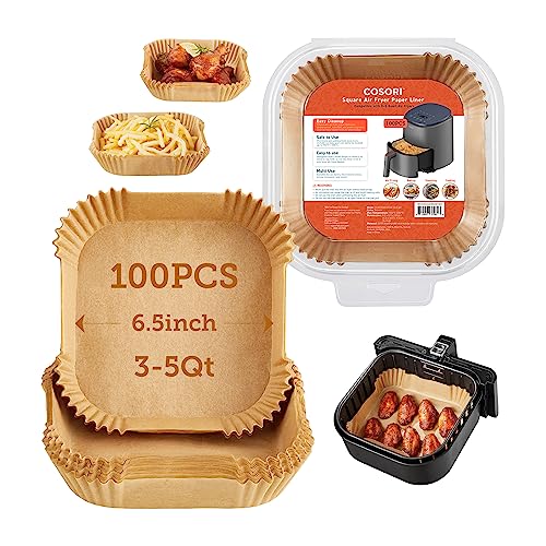 COSORI Air Fryer Liners, 100 PCS Square Disposable Paper Liners, Non-Stick Silicone Oil Coating, Little to No Cleaning, 6.5" Unbleached Food Grade, Resistant to 465°F, Thickened Not Easy to Break