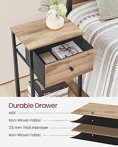 VASAGLE Nightstand, Side Fabric Drawer, 24-Inch Tall End Table with Storage Shelf, Bedroom, Toasted Oak