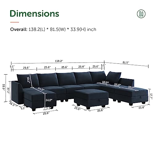 HONBAY Modular Sectional Sofa Set Oversized U Shaped Couch with Storage Ottoman Convertible Sleeper Sectional Sofa Velvet Modular Couch with Wide Chaise, Dark Blue