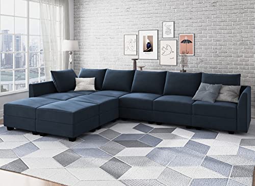 HONBAY Modular Sectional Sofa Set Oversized U Shaped Couch with Storage Ottoman Convertible Sleeper Sectional Sofa Velvet Modular Couch with Wide Chaise, Dark Blue