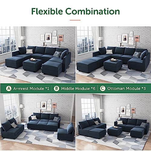 HONBAY Modular Sectional Sofa Set Oversized U Shaped Couch with Storage Ottoman Convertible Sleeper Sectional Sofa Velvet Modular Couch with Wide Chaise, Dark Blue