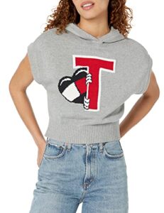 tommy hilfiger women's casual pullover sweatshirt short sleeve hoodie, medium heather grey