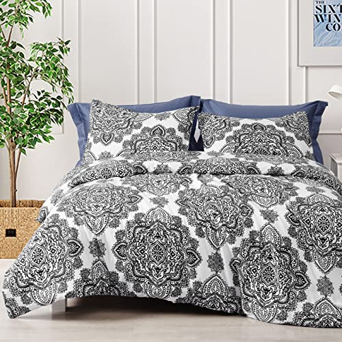 PHF Washed Soft Duvet Cover Set California King Size, 3 Piece Boho Paisley Printed Comforter Cover Set, Ultra Soft Comfy Durable Floral Farmhouse Duvet Cover with Zipper Closure, 104x98, Black