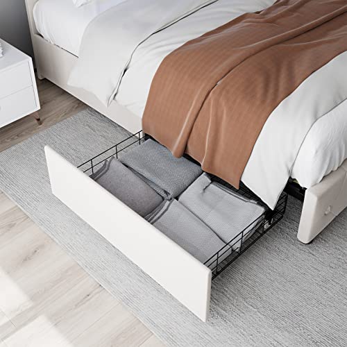 Keyluv King Size LED Bed Frame with 4 Storage Drawers, Velvet Upholstered Platform Bed with Adjustable Crystal Button Tufted Headboard and Solid Wooden Slats Support, No Box Spring Needed, Beige