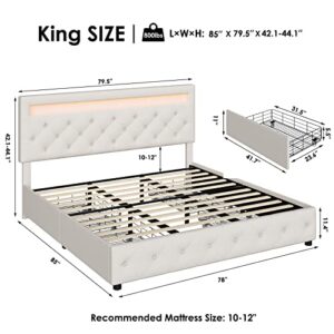 Keyluv King Size LED Bed Frame with 4 Storage Drawers, Velvet Upholstered Platform Bed with Adjustable Crystal Button Tufted Headboard and Solid Wooden Slats Support, No Box Spring Needed, Beige