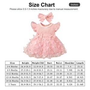 PATPAT 2pcs Baby Girl Ribbed Knit Flutter-Sleeve Splicing 3D Butterfly Applique Tulle Dress with Headband Set Pink 6-9 Months