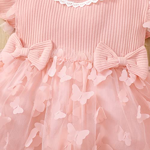 PATPAT 2pcs Baby Girl Ribbed Knit Flutter-Sleeve Splicing 3D Butterfly Applique Tulle Dress with Headband Set Pink 6-9 Months