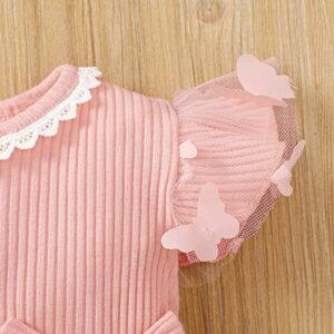 PATPAT 2pcs Baby Girl Ribbed Knit Flutter-Sleeve Splicing 3D Butterfly Applique Tulle Dress with Headband Set Pink 6-9 Months