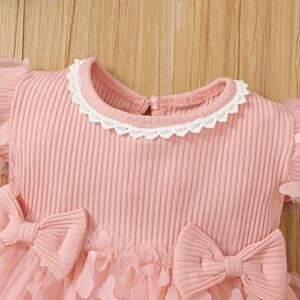 PATPAT 2pcs Baby Girl Ribbed Knit Flutter-Sleeve Splicing 3D Butterfly Applique Tulle Dress with Headband Set Pink 6-9 Months