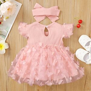 PATPAT 2pcs Baby Girl Ribbed Knit Flutter-Sleeve Splicing 3D Butterfly Applique Tulle Dress with Headband Set Pink 6-9 Months