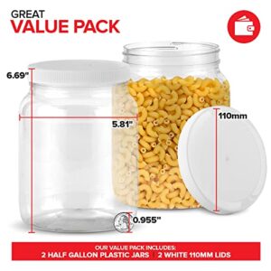 Stock Your Home Half Gallon Clear Plastic Jars with Lids (2 Pack) 64 oz Wide Mouth Large Jar with Lid, Big Container for Candy, Cookies, Arts & Crafts, Bartender Money Tips, Kitchen & Pantry Storage