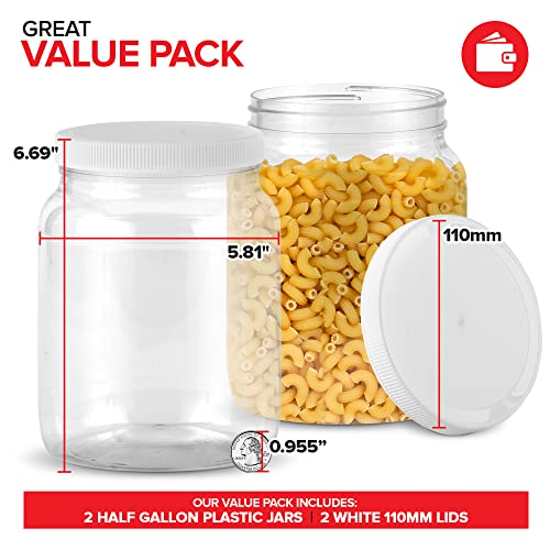 Stock Your Home Half Gallon Clear Plastic Jars with Lids (2 Pack) 64 oz Wide Mouth Large Jar with Lid, Big Container for Candy, Cookies, Arts & Crafts, Bartender Money Tips, Kitchen & Pantry Storage