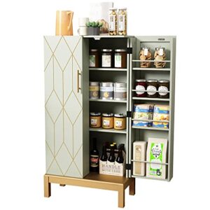 holtico 45'' kitchen pantry cabinet,storage cabinet with doors and adjustable shelves,food pantry cabinet for kitchen,dining room,living room and garage,gold lines and legs,green cabinet.