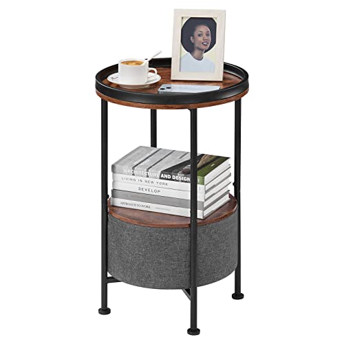 Industrial 2-Tier Round End Table,24" High Rustic Side Table with Full-arrest Tray and Storage Basket, Home Office Coffee Snack Nightstand Bedside Table Laptop Desk for Living Room Bedroom/Brown