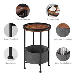 Industrial 2-Tier Round End Table,24" High Rustic Side Table with Full-arrest Tray and Storage Basket, Home Office Coffee Snack Nightstand Bedside Table Laptop Desk for Living Room Bedroom/Brown