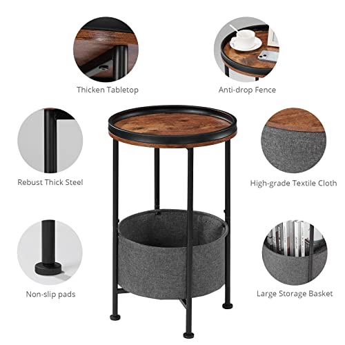 Industrial 2-Tier Round End Table,24" High Rustic Side Table with Full-arrest Tray and Storage Basket, Home Office Coffee Snack Nightstand Bedside Table Laptop Desk for Living Room Bedroom/Brown