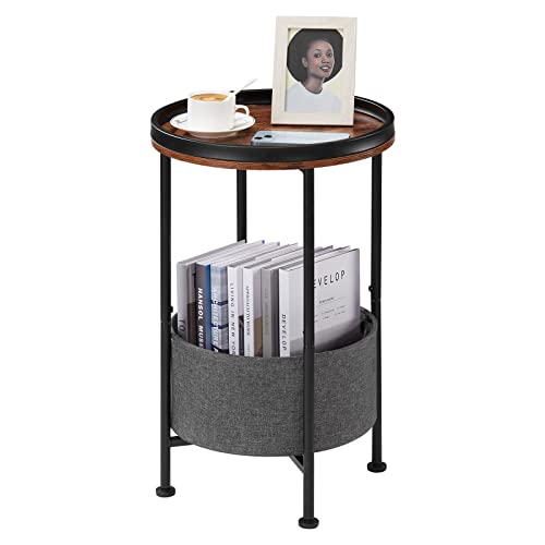 Industrial 2-Tier Round End Table,24" High Rustic Side Table with Full-arrest Tray and Storage Basket, Home Office Coffee Snack Nightstand Bedside Table Laptop Desk for Living Room Bedroom/Brown