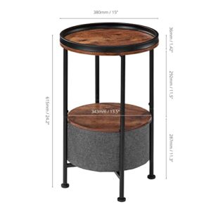 Industrial 2-Tier Round End Table,24" High Rustic Side Table with Full-arrest Tray and Storage Basket, Home Office Coffee Snack Nightstand Bedside Table Laptop Desk for Living Room Bedroom/Brown