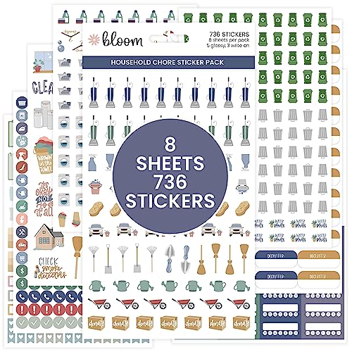 bloom daily planners Household Chores Planner Stickers -Essential Variety Pack for Home Productivity - To-Dos, Errands, Seasonal Tasks - 8 Sheets / 736 Stickers - Illustrated Icons & Quotes for Planning & Organization