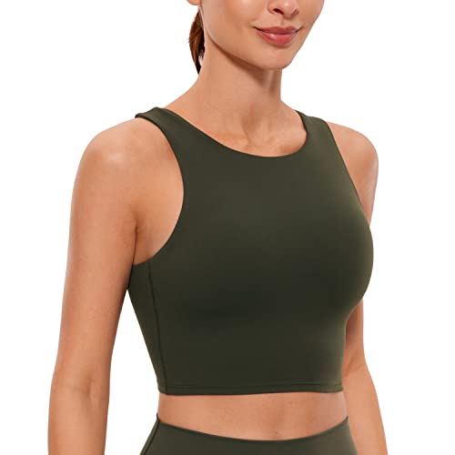 CRZ YOGA Butterluxe Womens Racerback High Neck Longline Sports Bra - Padded Workout Crop Tank Tops with Built in Shelf Bra Olive Green Medium