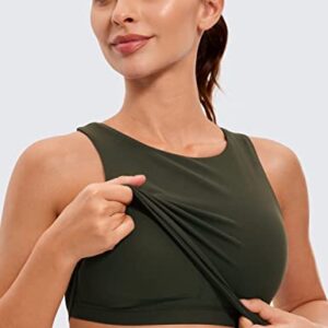 CRZ YOGA Butterluxe Womens Racerback High Neck Longline Sports Bra - Padded Workout Crop Tank Tops with Built in Shelf Bra Olive Green Medium