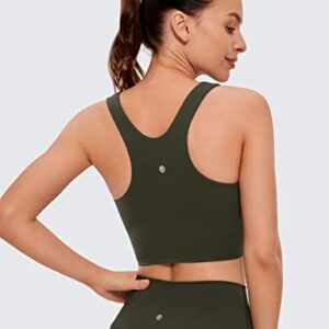 CRZ YOGA Butterluxe Womens Racerback High Neck Longline Sports Bra - Padded Workout Crop Tank Tops with Built in Shelf Bra Olive Green Medium