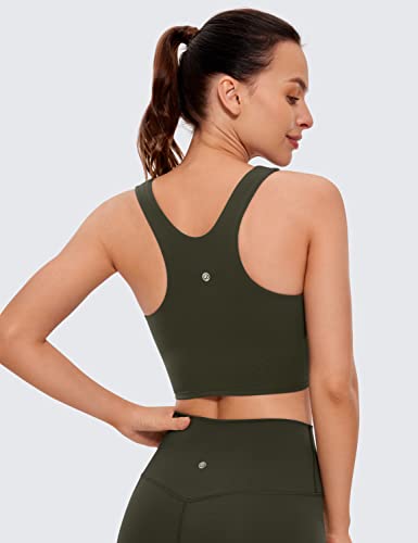 CRZ YOGA Butterluxe Womens Racerback High Neck Longline Sports Bra - Padded Workout Crop Tank Tops with Built in Shelf Bra Olive Green Medium