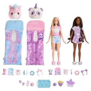 barbie cutie reveal gift set with 2 dolls & 2 pets, cozy cute tees slumber party with 35+ surprises, color change & costume sleeping bags