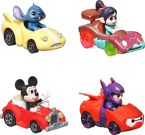 Hot Wheels RacerVerse, Set of 4 Die-Cast Disney Toy Cars Optimized for Hot Wheels Track with Popular Disney Characters as Drivers