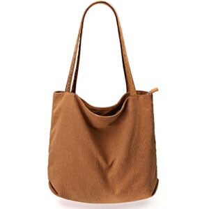 eimmbd corduroy tote bag for women - women's tote handbags shoulder bag tote bag with pockets for school office shopping travel work (brown)