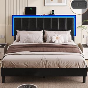 dictac queen bed frame with led lights headboard modern upholstered platform led bed frame faux leather low profile platform bed frame,wooden slats support, no box spring needed, easy assembly, black