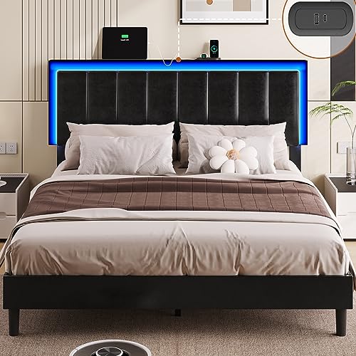 DICTAC Queen Bed Frame with LED Lights Headboard Modern Upholstered Platform LED Bed Frame Faux Leather Low Profile Platform Bed Frame,Wooden Slats Support, No Box Spring Needed, Easy Assembly, Black